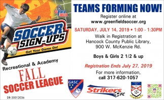 Teams Forming Now!, Greenfield Soccer, Greenfield, IN