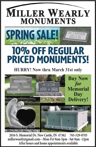 10% Off Regular Priced Monuments!, Miller Wearly Monuments